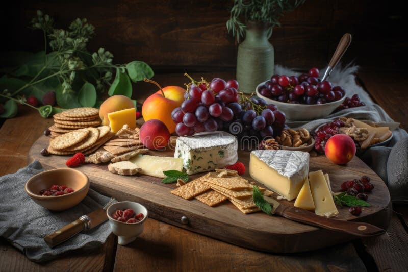 Rustic Wood Platter with Cheeses, Fruit, and Crackers Stock ...