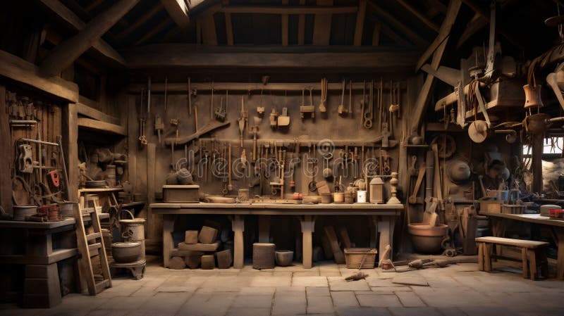 Rustic Wood Shop, Work Shop with Old Rusted Tools Hanging on the Wall ...