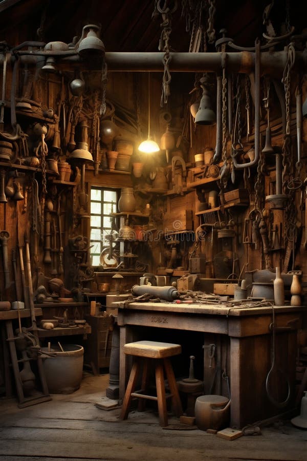 Rustic Wood Shop, Work Shop with Old Rusted Tools Hanging on the Wall ...