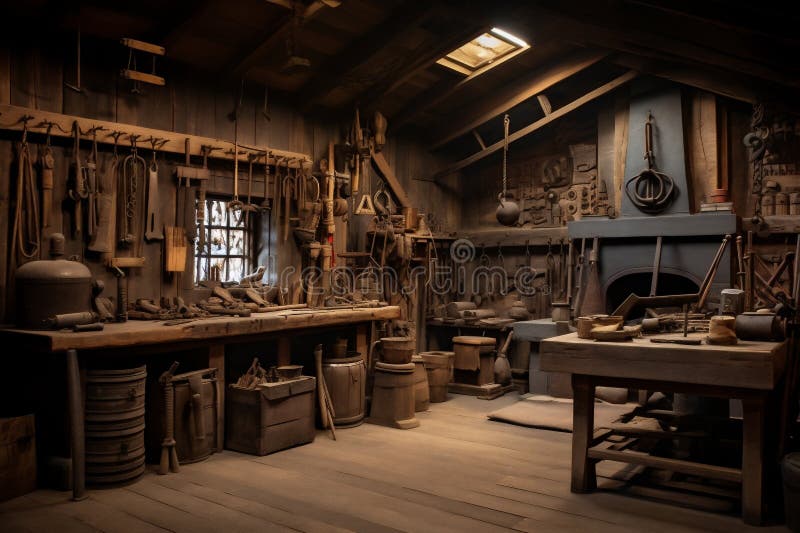 Rustic Wood Shop, Work Shop with Old Rusted Tools Hanging on the Wall ...