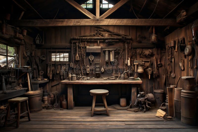 Rustic Wood Shop, Work Shop with Old Rusted Tools Hanging on the Wall ...