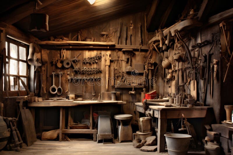 Rustic Wood Shop, Work Shop with Old Rusted Tools Hanging on the Wall ...