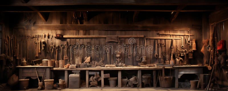 Rustic Wood Shop, Work Shop with Old Rusted Tools Hanging on the Wall ...