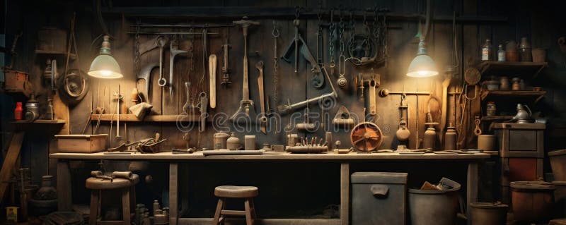 Rustic Wood Shop, Work Shop with Old Rusted Tools Hanging on the Wall ...