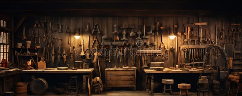 Rustic Wood Shop, Work Shop with Old Rusted Tools Hanging on the Wall ...