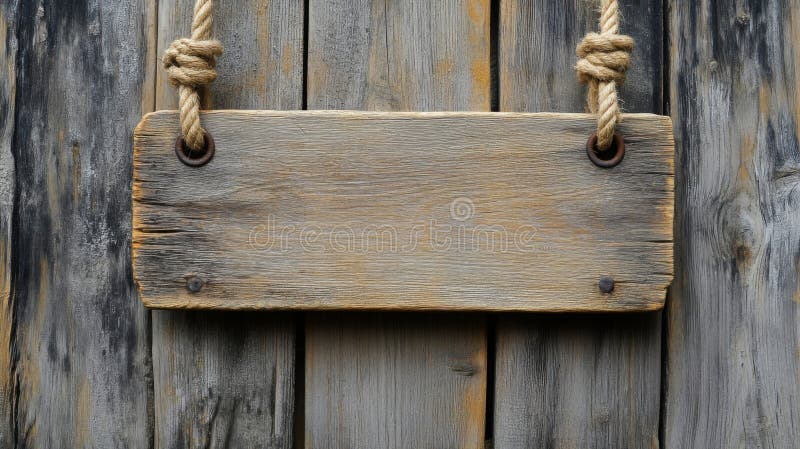 Rustic Wood Sign Hanging from Rope Against Gray Weathered Wood ...