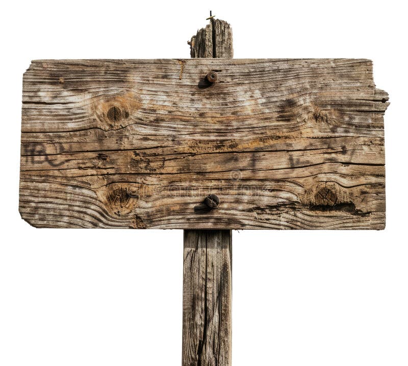 Rustic Wood Sign on Post, Isolated. Blank Weathered Plank for Text ...