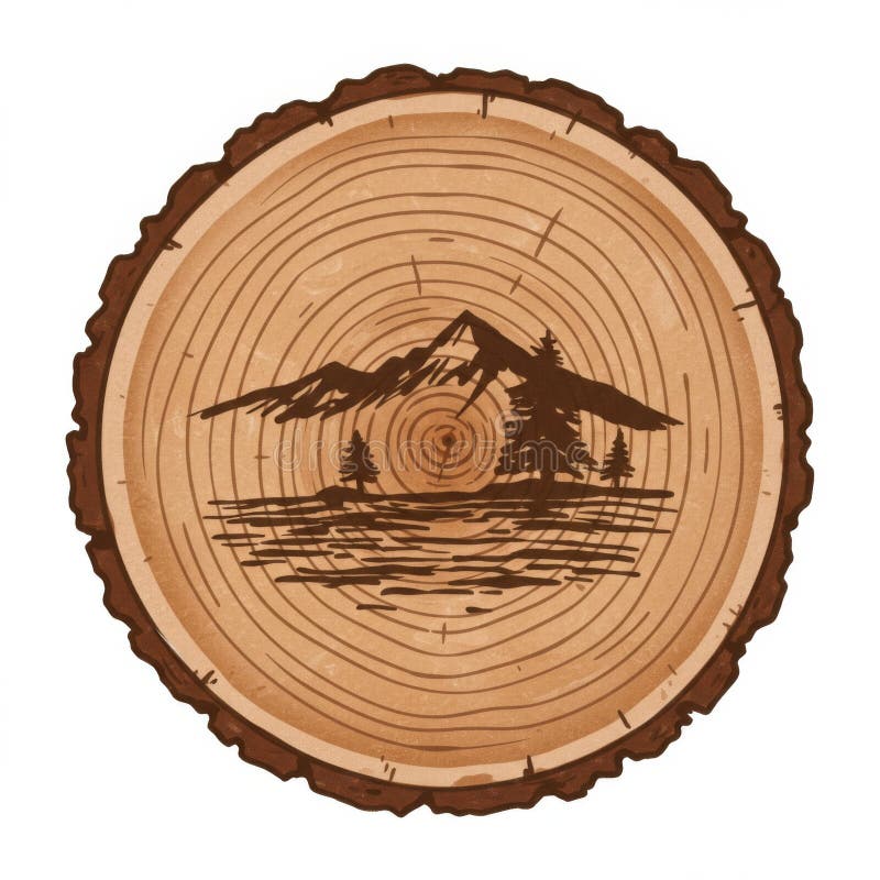 Rustic Wood Slice with Carved Mountain Landscape Stock Illustration ...