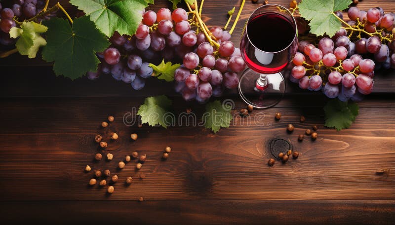 Rustic Wood Table, Autumn Leaves, Grape Bunch, Wine Bottle Generated by ...