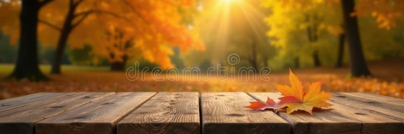 Rustic Wood Table in Fall Foliage Autumn Scene, Product Display , Birch ...
