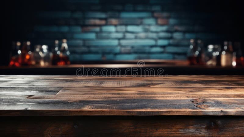 Rustic Wood Table Focus with Bottles and Bricks in Background and Dark ...