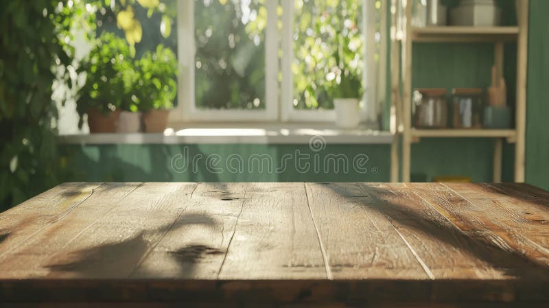 Rustic Wood Table Surface in Cozy Sunlit Kitchen for Design Mockup ...