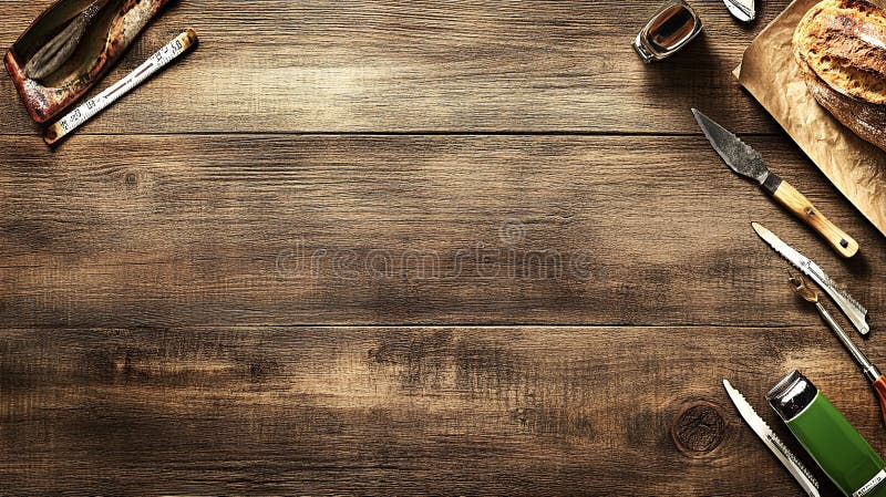 Rustic Wood Tabletop Bakery Tools Bread Background Stock Image - Image ...