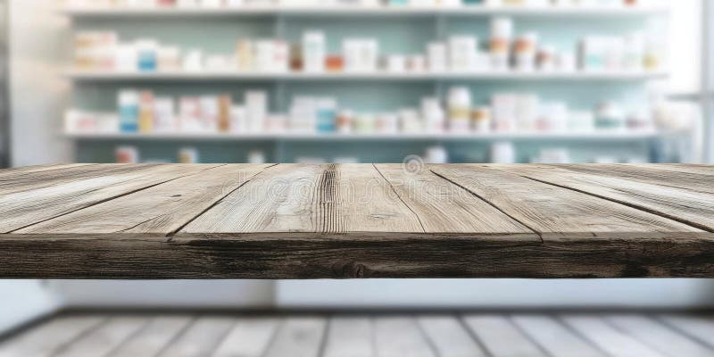 Rustic Wood Tabletop with Blurred Shelf Backdrop and Product Display ...