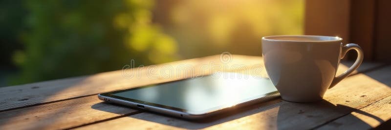 Rustic Wood Tabletop, Tablet Screen, Coffee Cup, Morning Light, Design ...