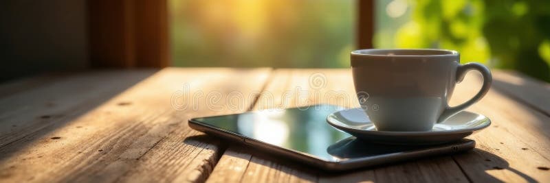 Rustic Wood Tabletop, Tablet Screen, Coffee Cup, Morning Light, Work ...