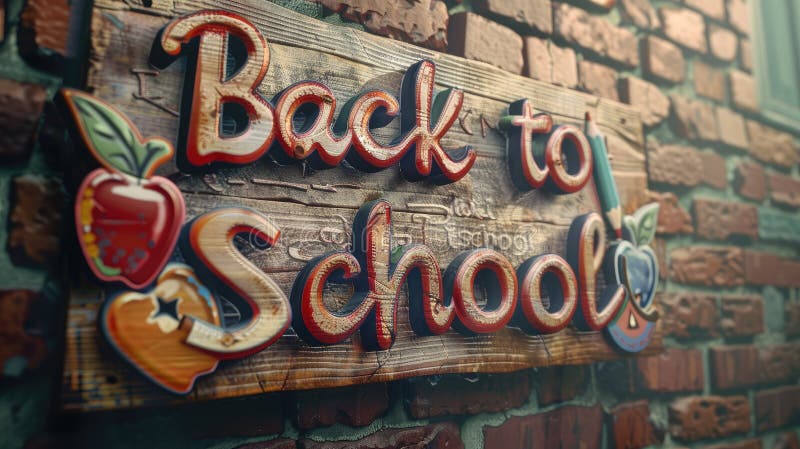 Rustic Wooden Back To School Sign on Brick Wall. Stock Image - Image of ...