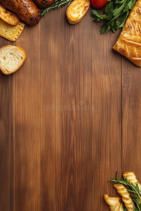 Rustic Wooden Background with Assorted Bread and Pastry Items Arranged ...