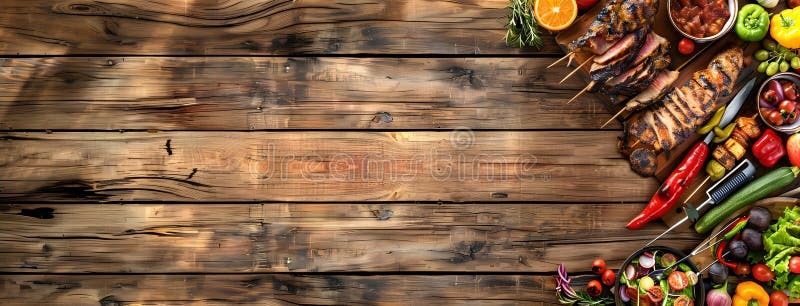 Rustic Wooden Background with Assorted Colorful Food Items Stock ...
