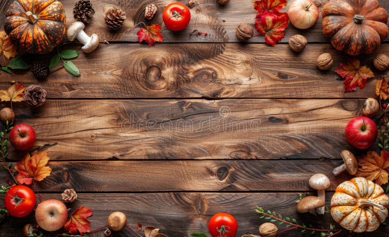 Rustic Wooden Background with Autumn Theme Featuring Pumpkins, Apples ...