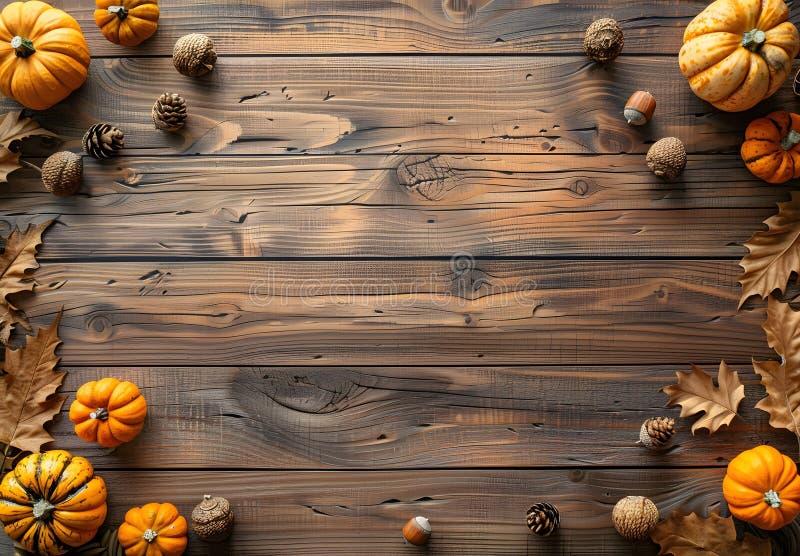 Rustic Autumn Wooden Background with Pumpkins and Acorns Stock ...