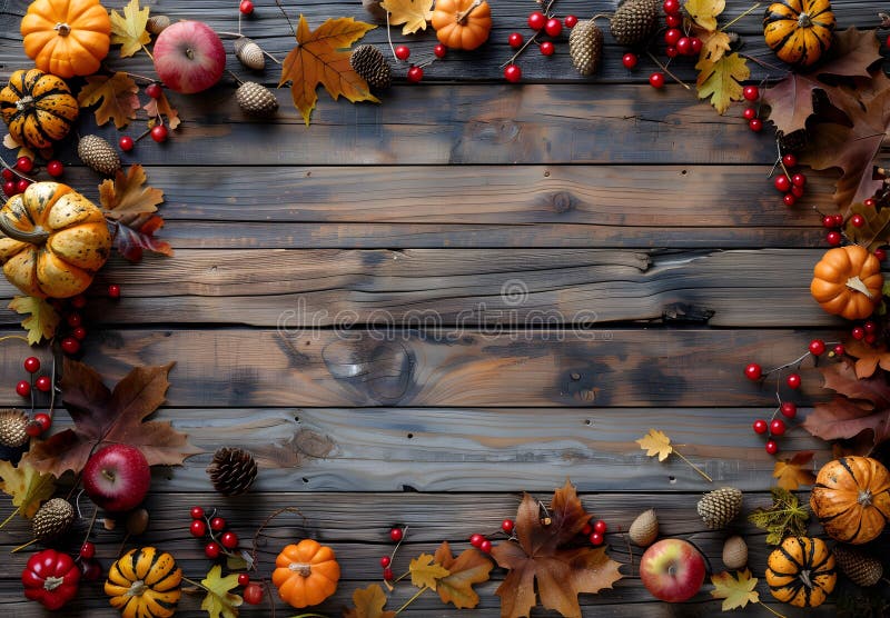 Rustic Autumn Wooden Background with Fall Decor Stock Illustration ...