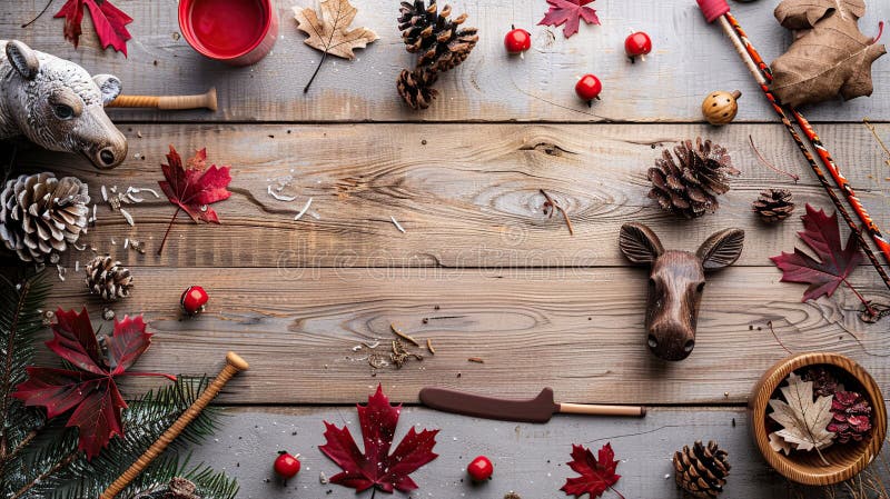 Rustic Wooden Background with Autumnal Elements and Deer Figurines ...
