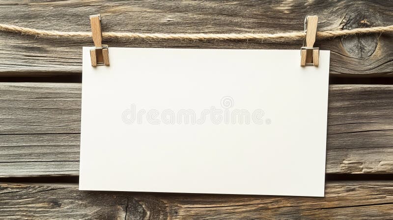 Rustic Wooden Background with Blank Poster Hanging on String with Clips ...