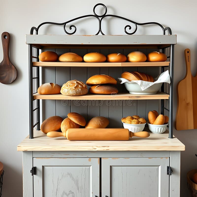 A Rustic Wooden Bakers Rack in a Country Style Kitchen Adorned with ...