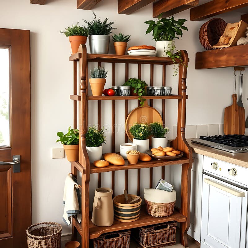 A Rustic Wooden Bakers Rack in a Country Style Kitchen Adorned with ...