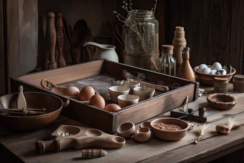 A Rustic Wooden Baking Tray with a Variety of Bakeware, Including ...