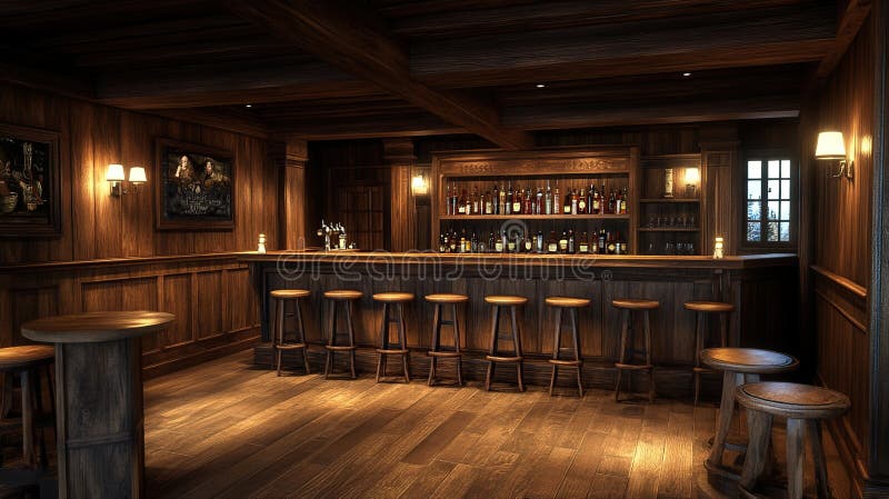 Rustic Wooden Bar Interior, Empty, Night Ambiance, Artwork on Walls ...
