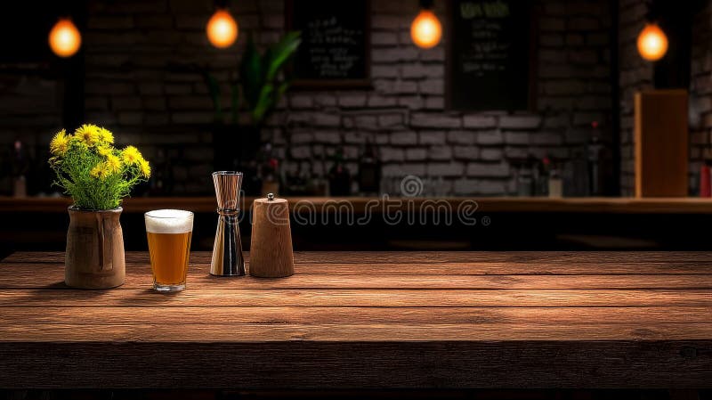Rustic Wooden Bar Table with Beer a Rustic Wooden Table in a Blurred ...