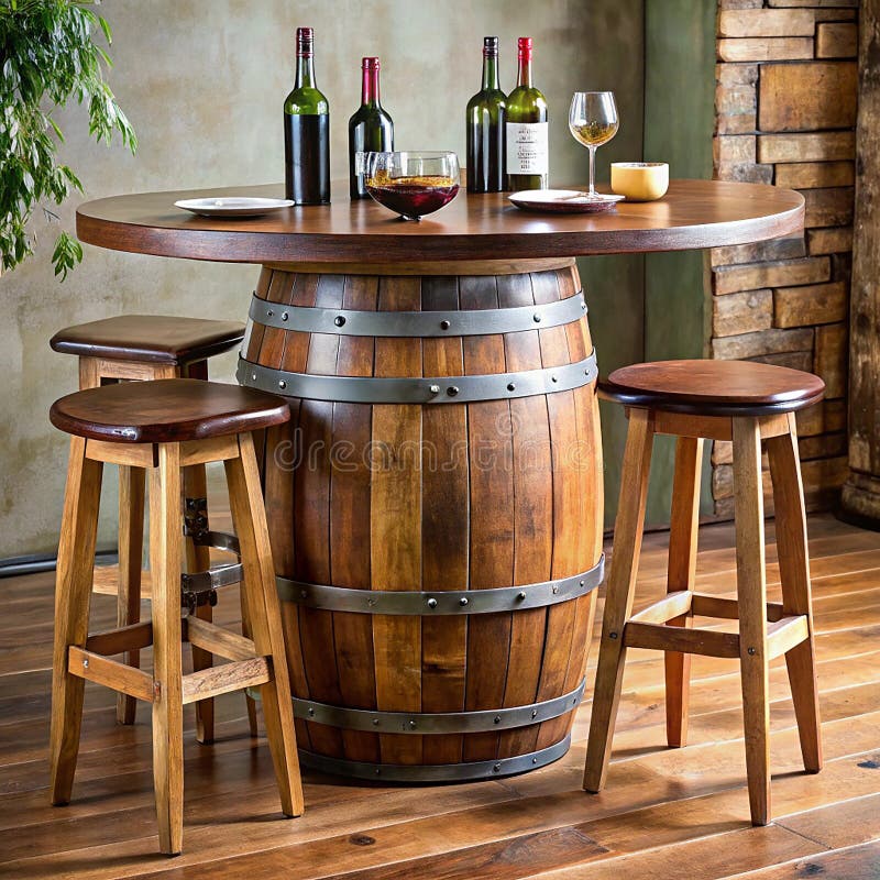 Rustic Wooden Bar Table with Wine Barrel Base and Built-in Storage ...
