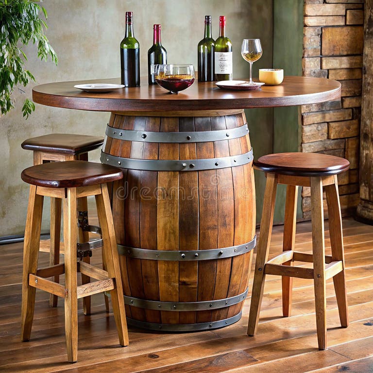 Rustic Wooden Bar Table with Wine Barrel Base and Built-in Storage ...