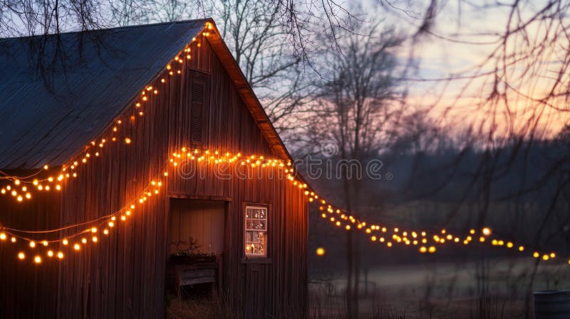Rustic Wooden Barn Adorned with String Lights at Dusk Stock ...