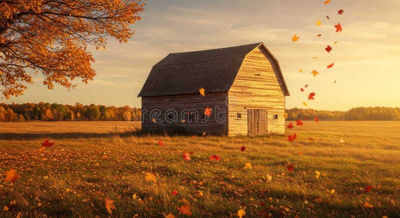 Rustic Wooden Barn in Autumn Field at Sunset Stock Illustration ...