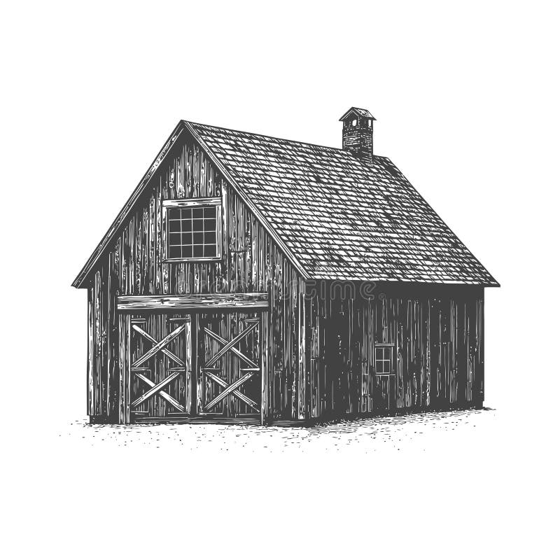 Rustic Wooden Barn with X-Shaped Doors and Chimney, Hand-Drawn ...