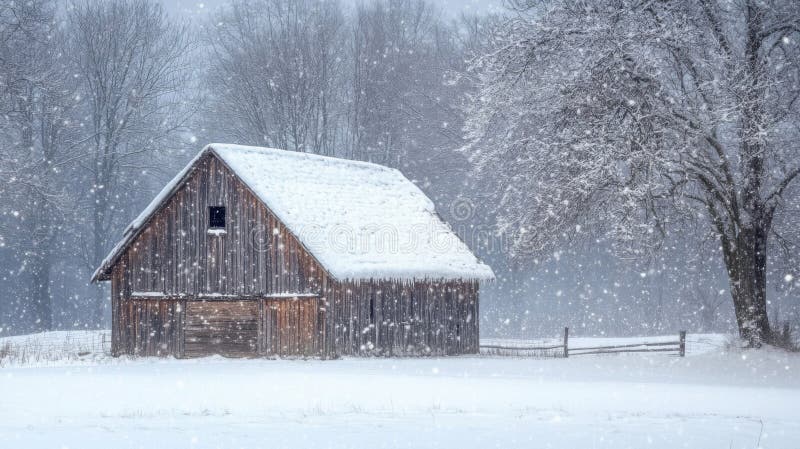 A Rustic Wooden Barn Covered in Snow during a Winter Snowfall Stock ...