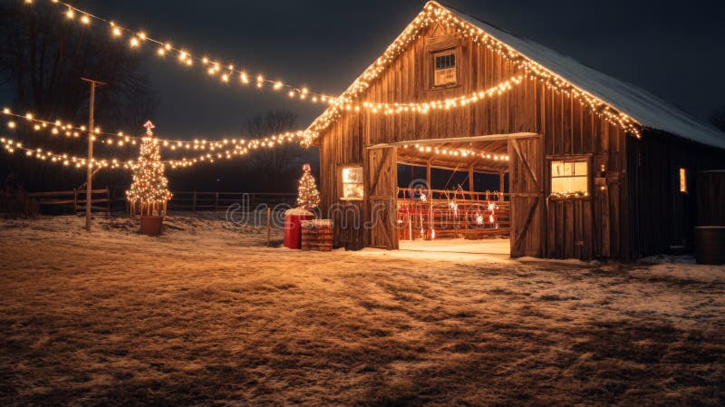 A Rustic Wooden Barn Decorated with Christmas Lights at Night Stock ...