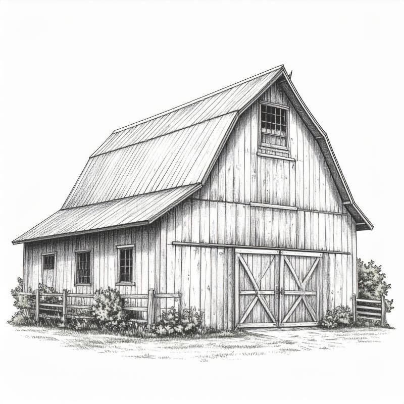 Rustic Wooden Barn Drawing in Grayscale Stock Illustration ...
