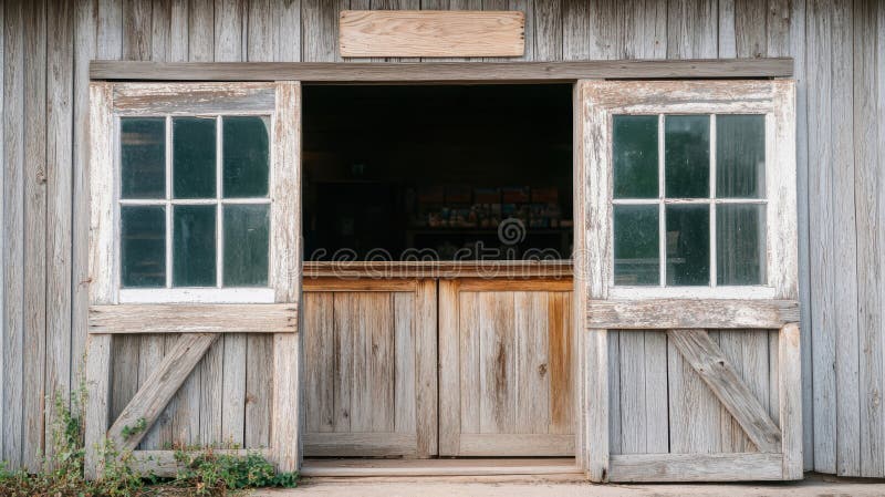 Rustic Wooden Barn Facade with Open Doors and Vintage Charm in a Rural ...