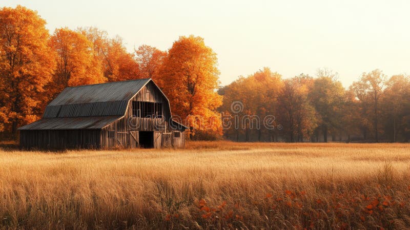 Rustic Wooden Barn in a Field with Autumn Trees Stock Illustration ...