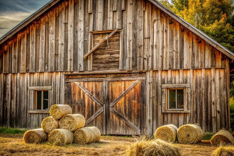Rustic Wooden Barn with Hay Bales. (2 Stock Illustration - Illustration ...