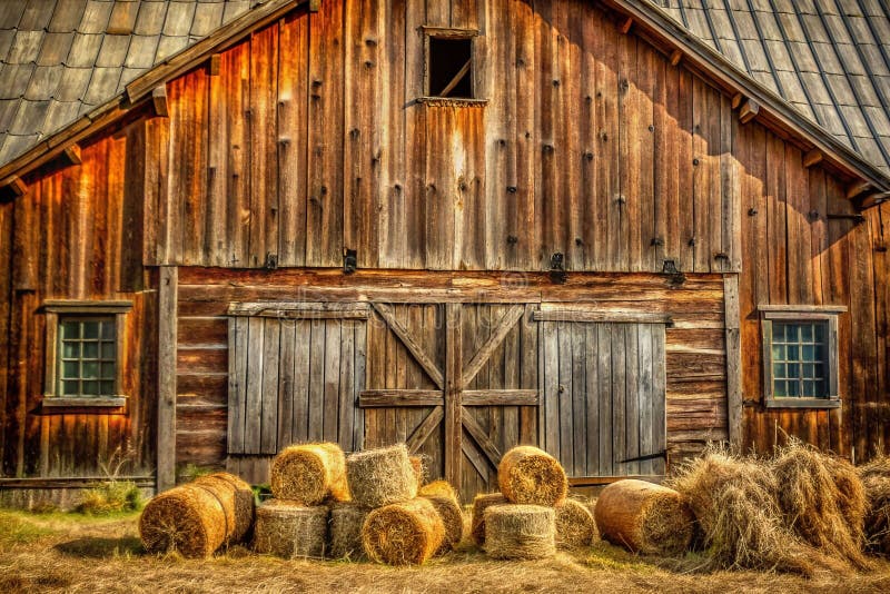 Rustic Wooden Barn with Hay Bales. (1 Stock Illustration - Illustration ...
