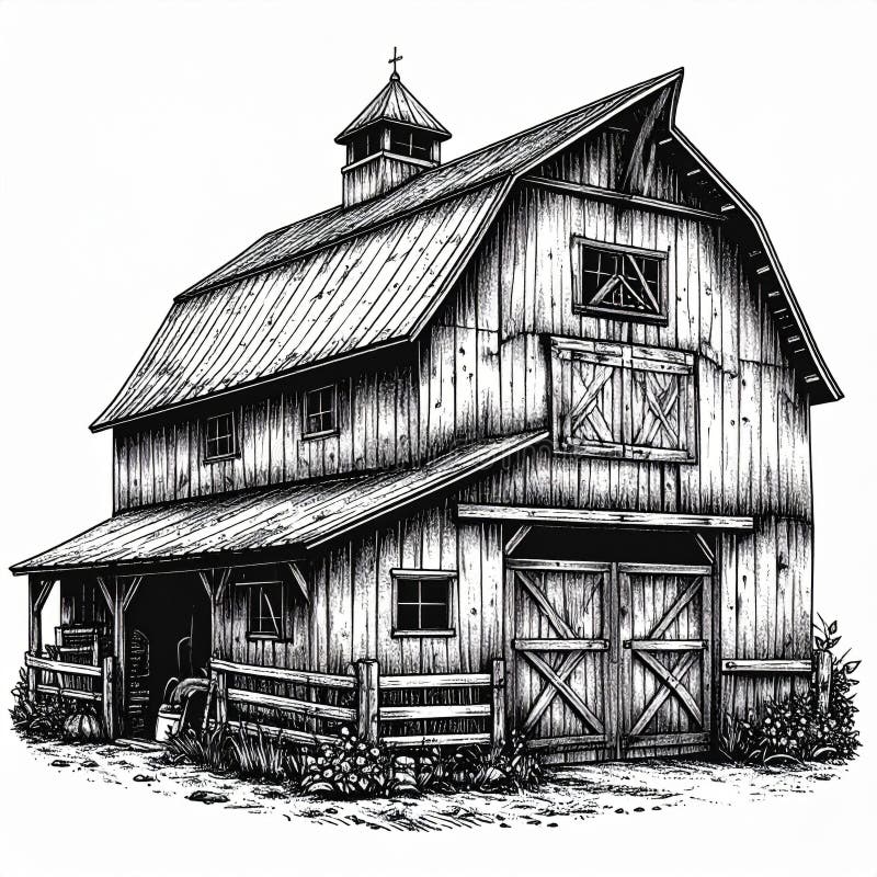 Rustic Wooden Barn Illustration Black and White Stock Illustration ...