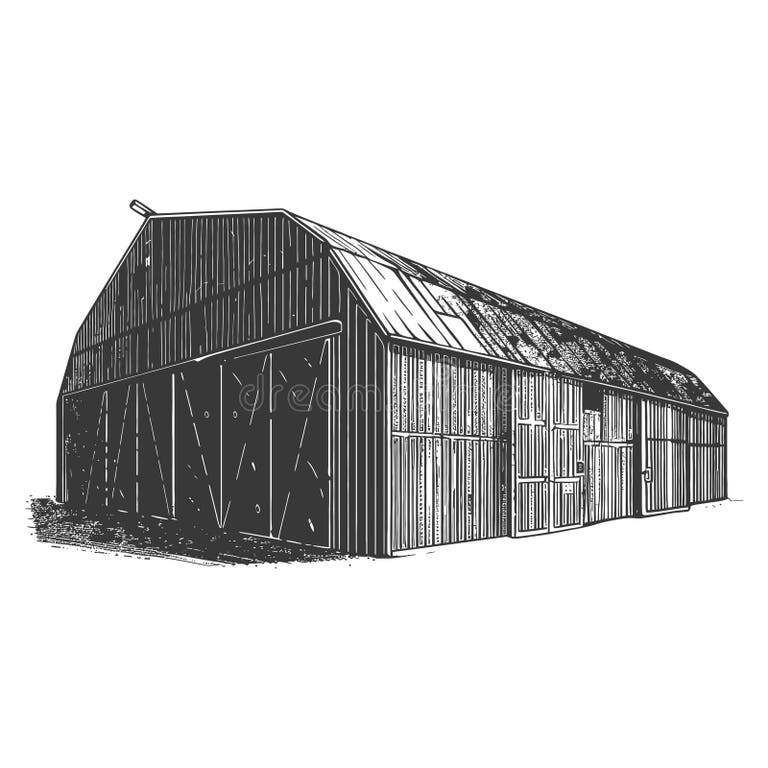 Large Rustic Wooden Barn with Sliding Doors, Hand-Drawn Illustration ...