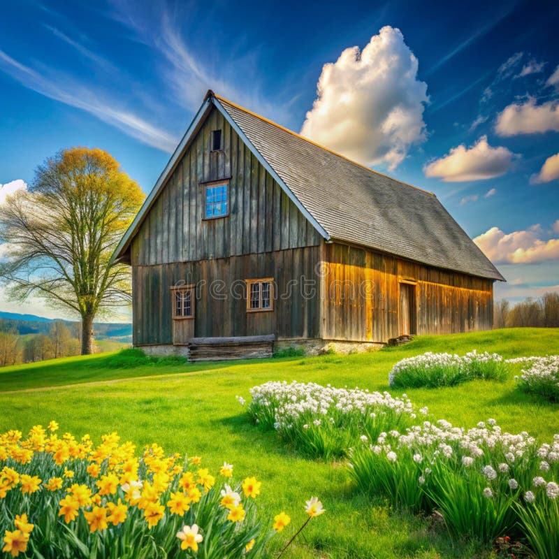 Rustic Wooden Barn Nestled in a Spring Meadow Stock Photo - Image of ...