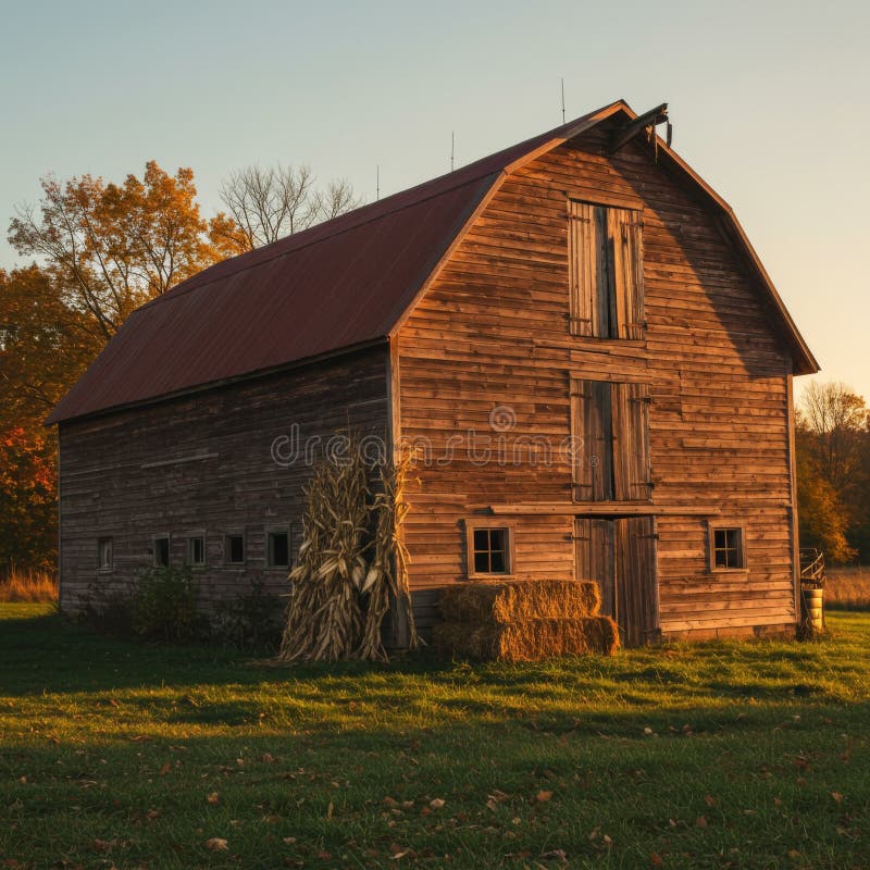Rustic Wooden Barn at Sunset in Autumn Stock Illustration ...