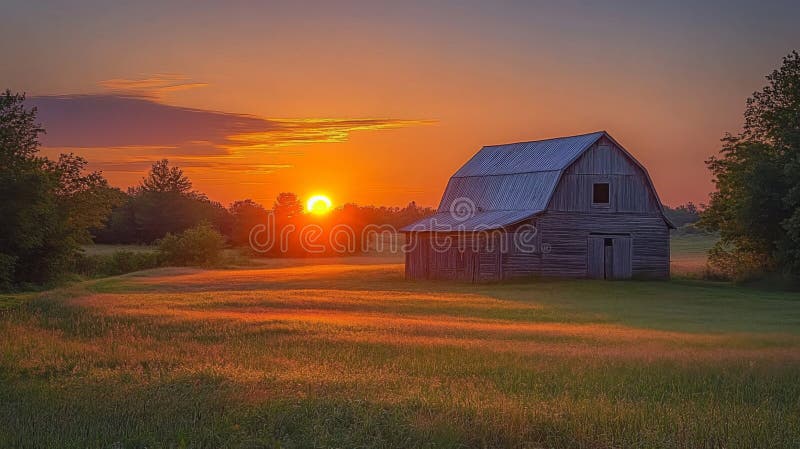 Rustic Wooden Barn at Sunset in a Golden Field Stock Illustration ...